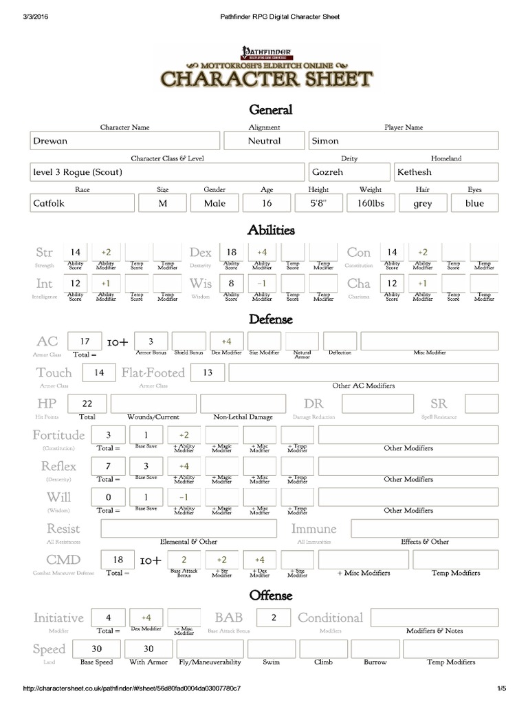 Pathfinder RPG Digital Character Sheet - Drewan | PDF