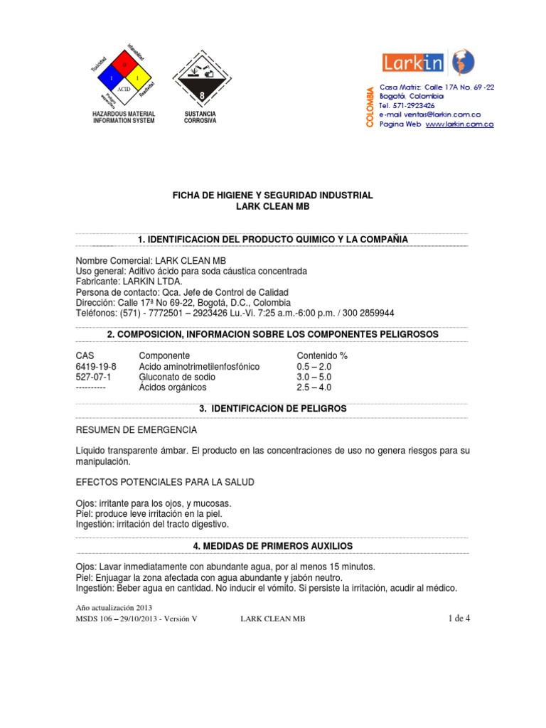 Ficha Seguridad LARK CLEAN MB | PDF | Agua | Sustancias químicas