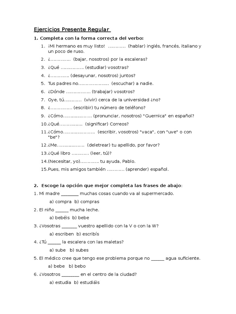 Ejercicios Presente Regular | PDF