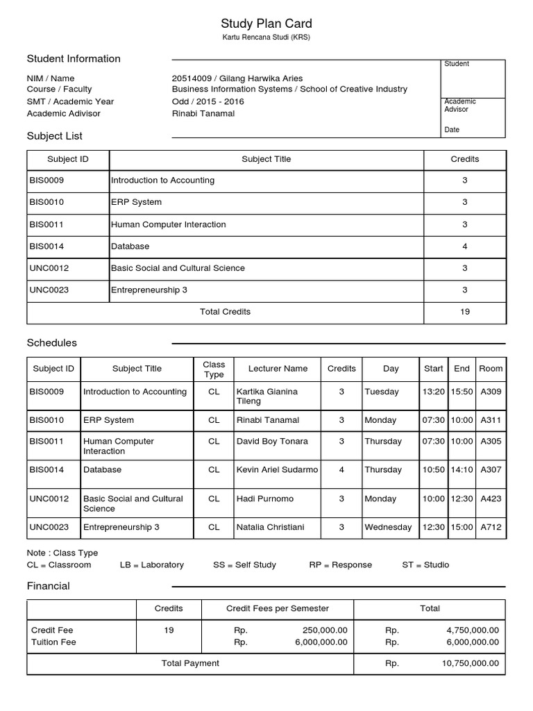 Study Plan Card: Student Information | PDF
