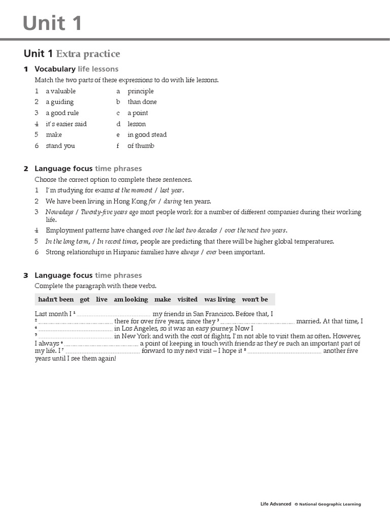 Natgeo Life Adv Unit1 ExtraPractice | PDF | Idiom | Phrase