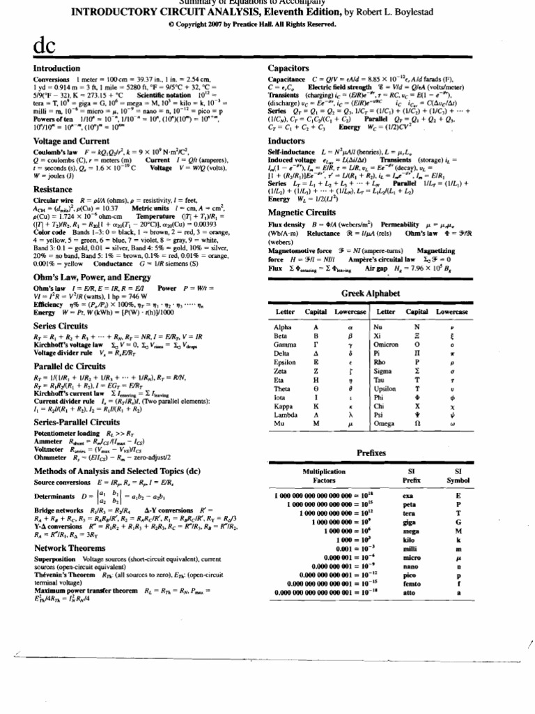Boylestad - Formula Sheet | PDF | Volt | Electricity
