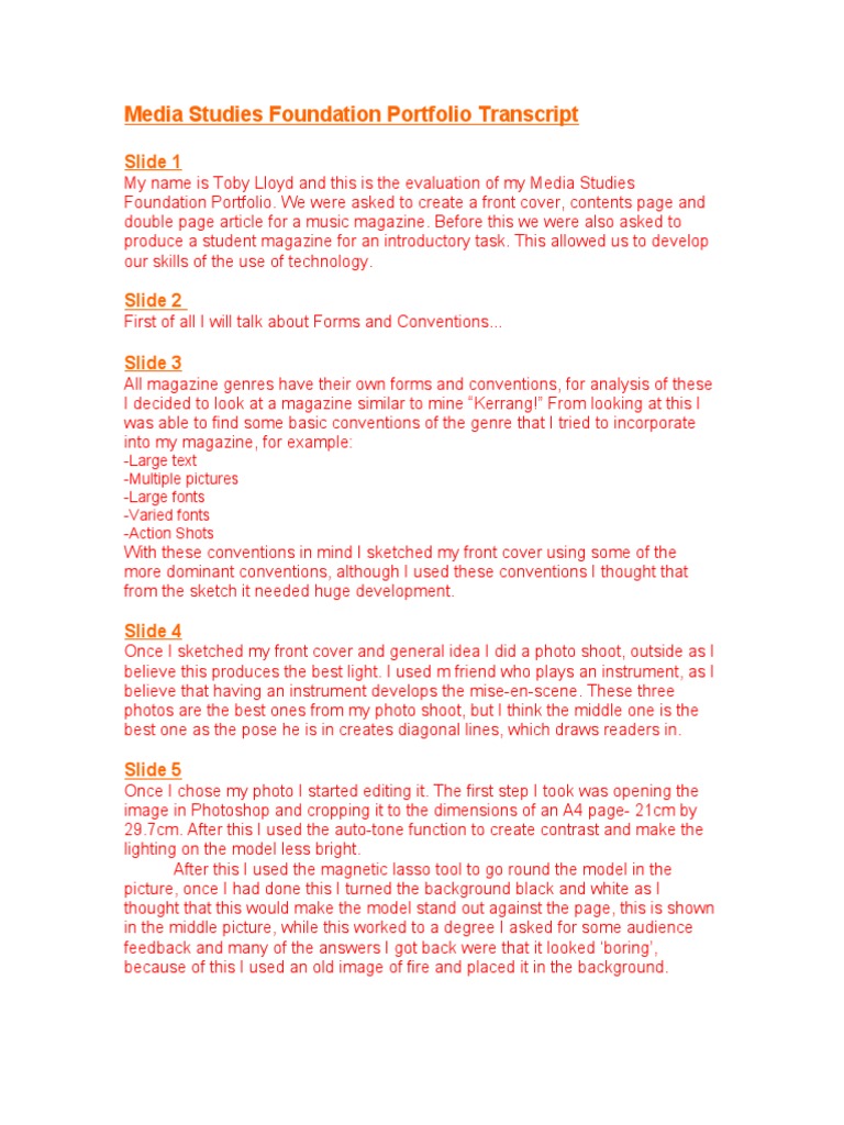 Media Studies Foundation Portfolio Transcript | PDF | Adobe Photoshop ...