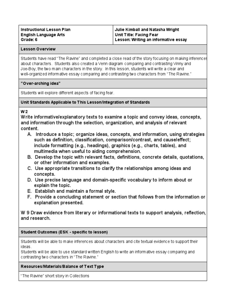 The Ravine Performance Task Lesson Plan | PDF | Essays | Reading ...