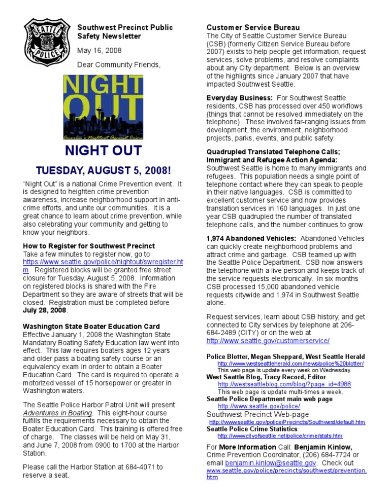 Night Out: TUESDAY, AUGUST 5, 2008! | PDF | Crime Prevention | Government
