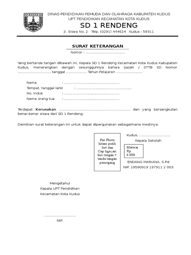 Surat Keterangan Ijazah STTB Yang Terdapat Kerusakan | PDF