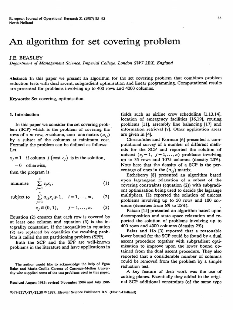 An Algorithm for Set Covering Problem | Mathematical Optimization ...