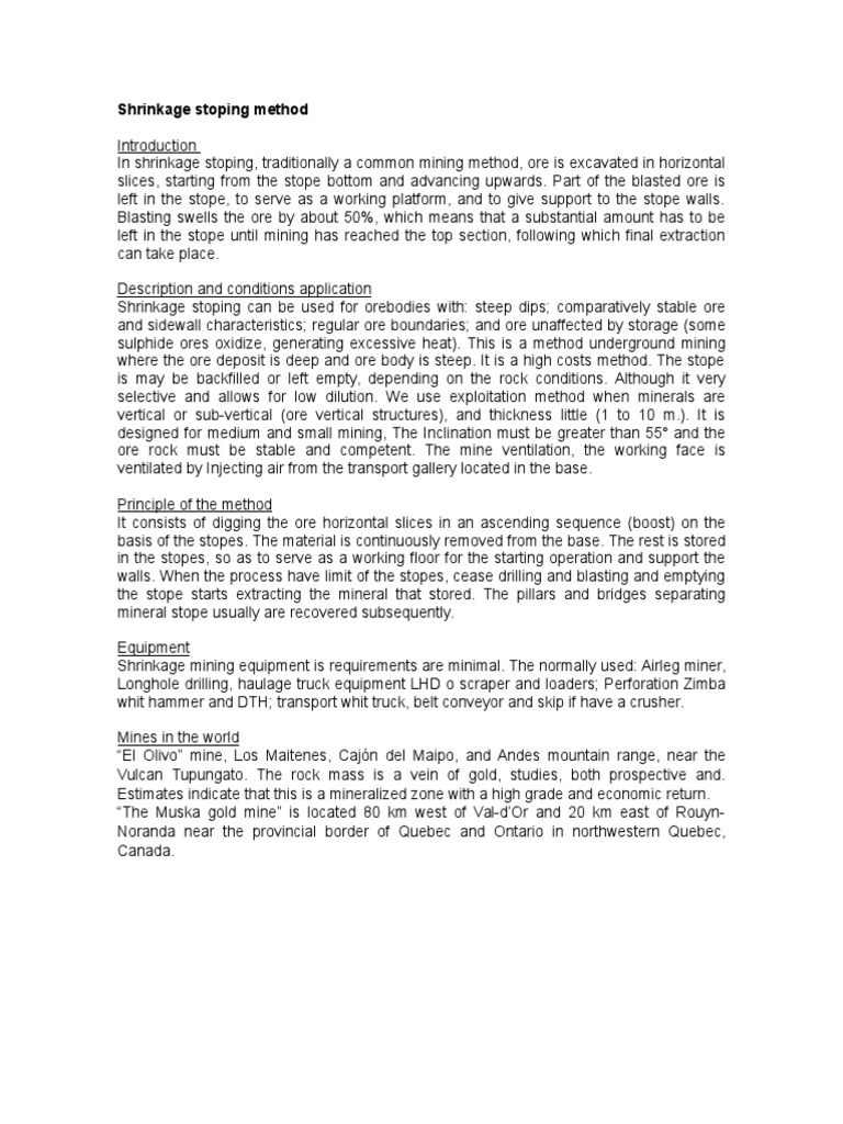 Shrinkage Stoping | PDF | Heavy Industry | Mining