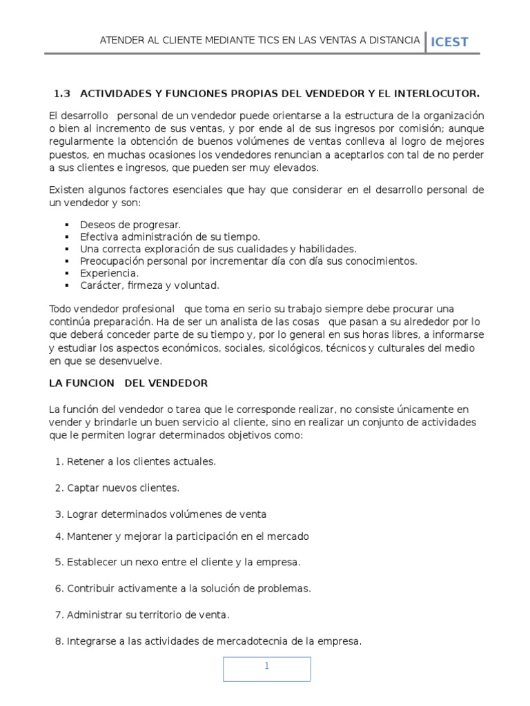 U1 Lect1 3 Actividadesyfuncionespropiasdelvendedoryelinterlocutor 1 | PDF | Cliente | Desarrollo ...