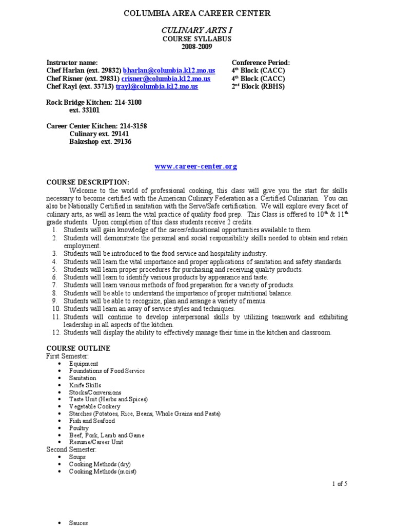 Culinary Arts 1 | PDF | Course Credit | Chef