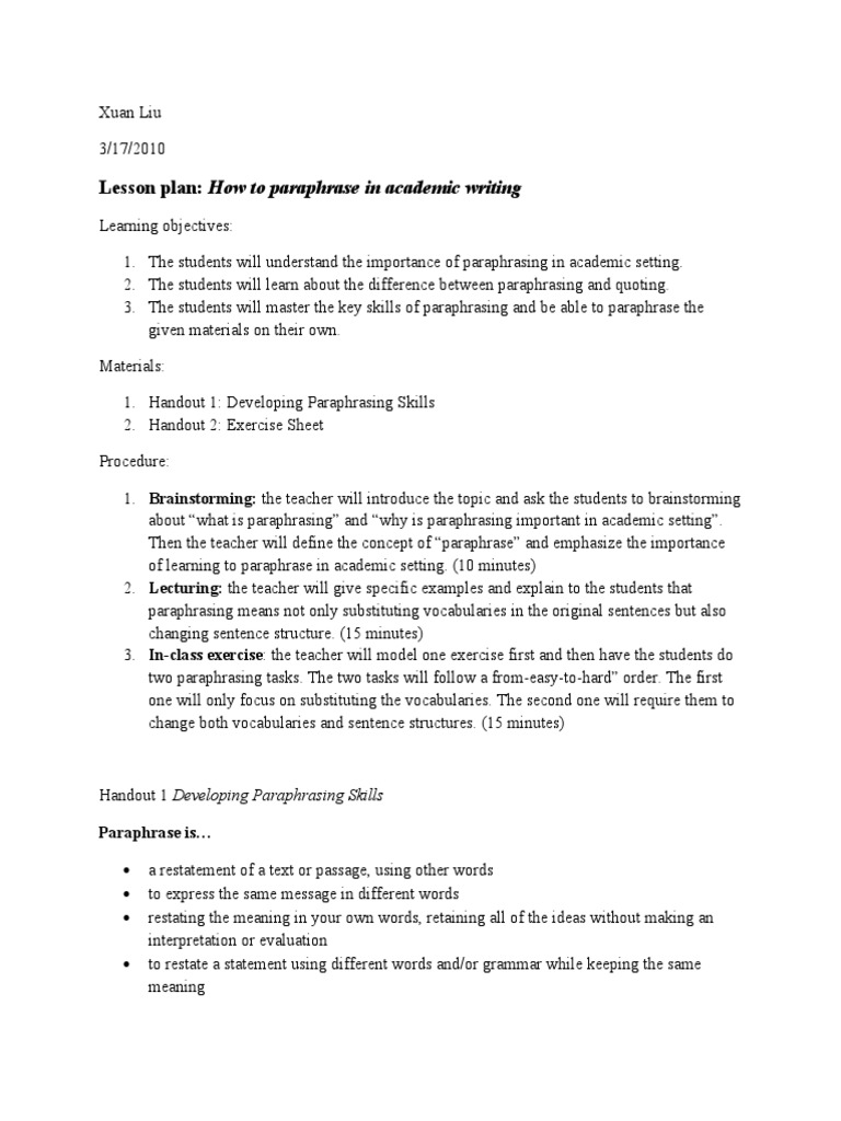 Lesson Plan: How To Paraphrase in Academic Writing | PDF | Lesson Plan ...