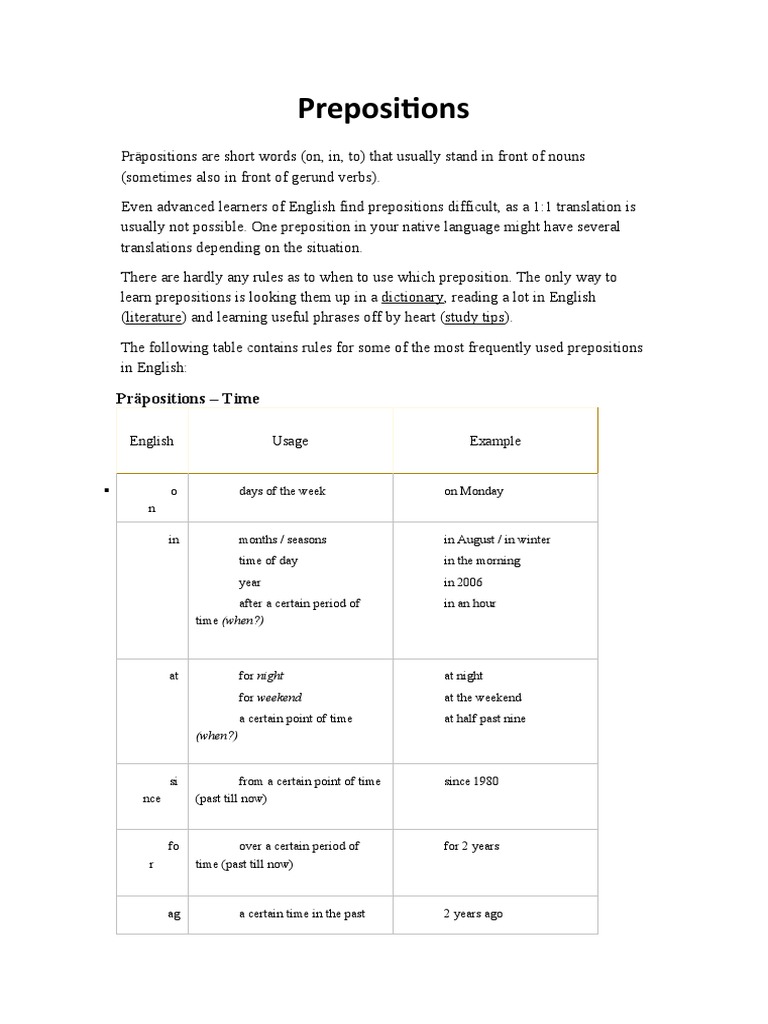 Prepositions: Präpositions - Time | PDF | Preposition And Postposition | English Language