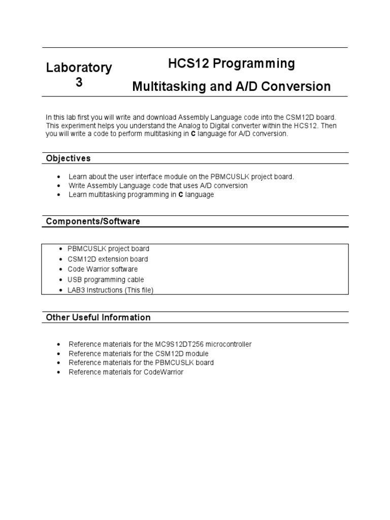 Programming HCS12 Microcontrollers for Analog to Digital Conversion and Multitasking: An ...