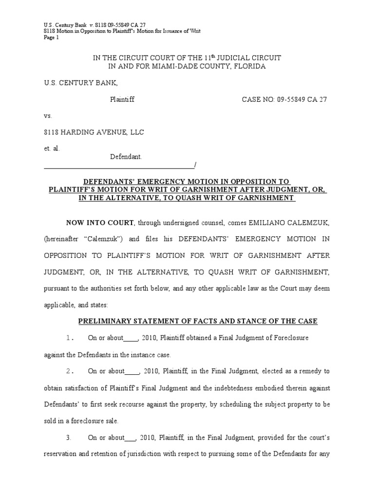 Defendant's Response in Opposition to Plaintiff's Request for Issuance of Writ of Garnishment ...