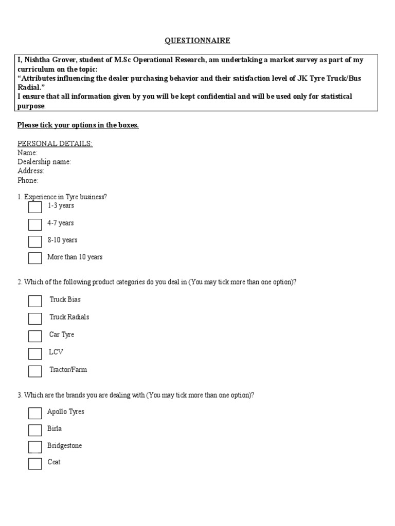 Questionnaire 4 | PDF | Tire | Customer Relationship Management