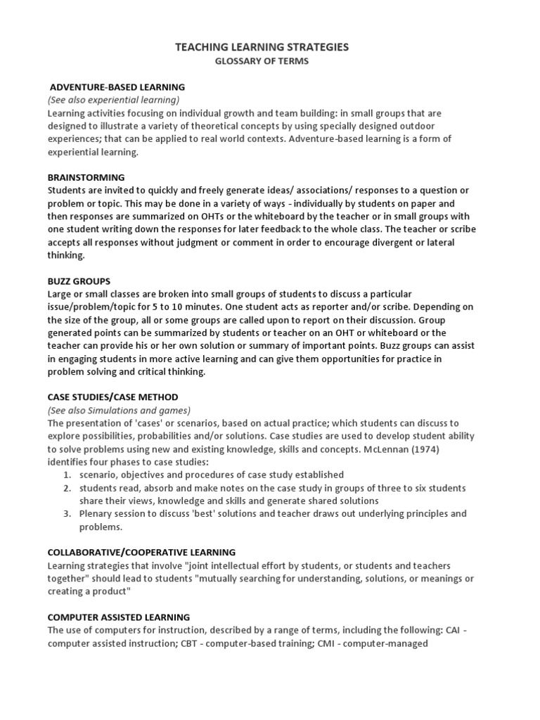 Teaching Learning Strategies - Glossary of Terms | PDF | Educational ...