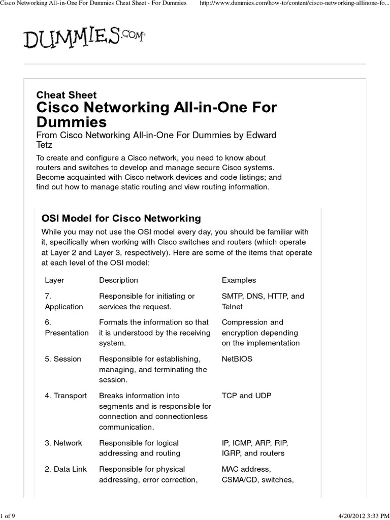 Cisco Networking All-In-One Cheat Sheet | PDF | Network Switch ...