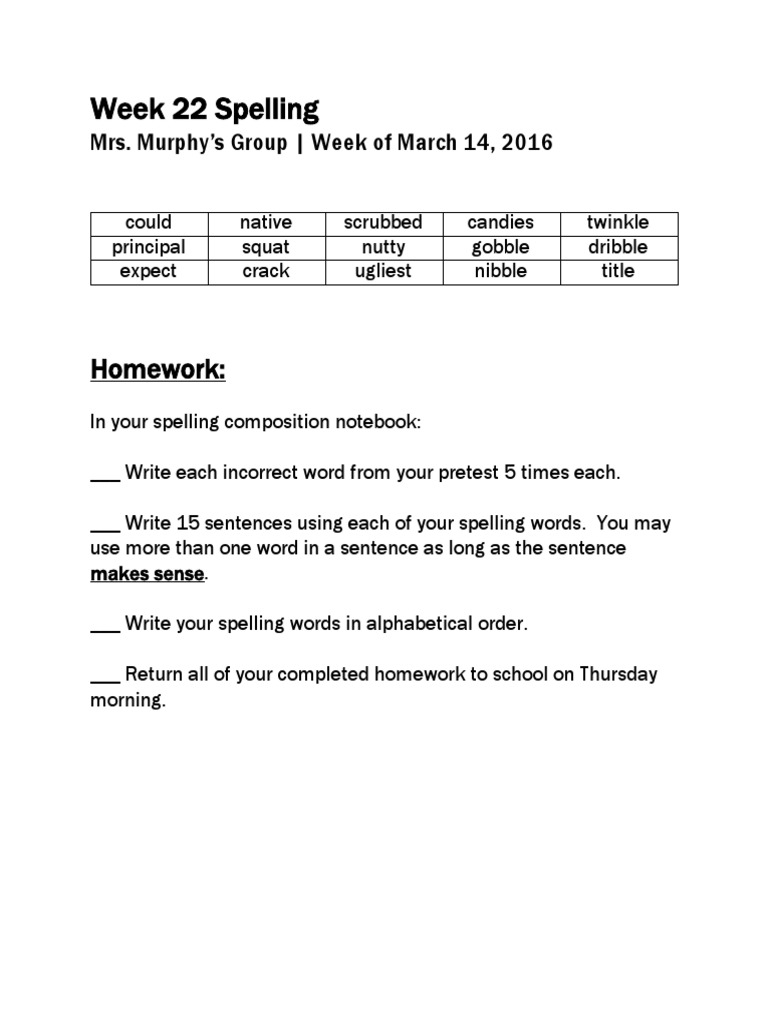 Week 22 Spelling Homework Assignments | PDF | Self-Improvement | Wellness