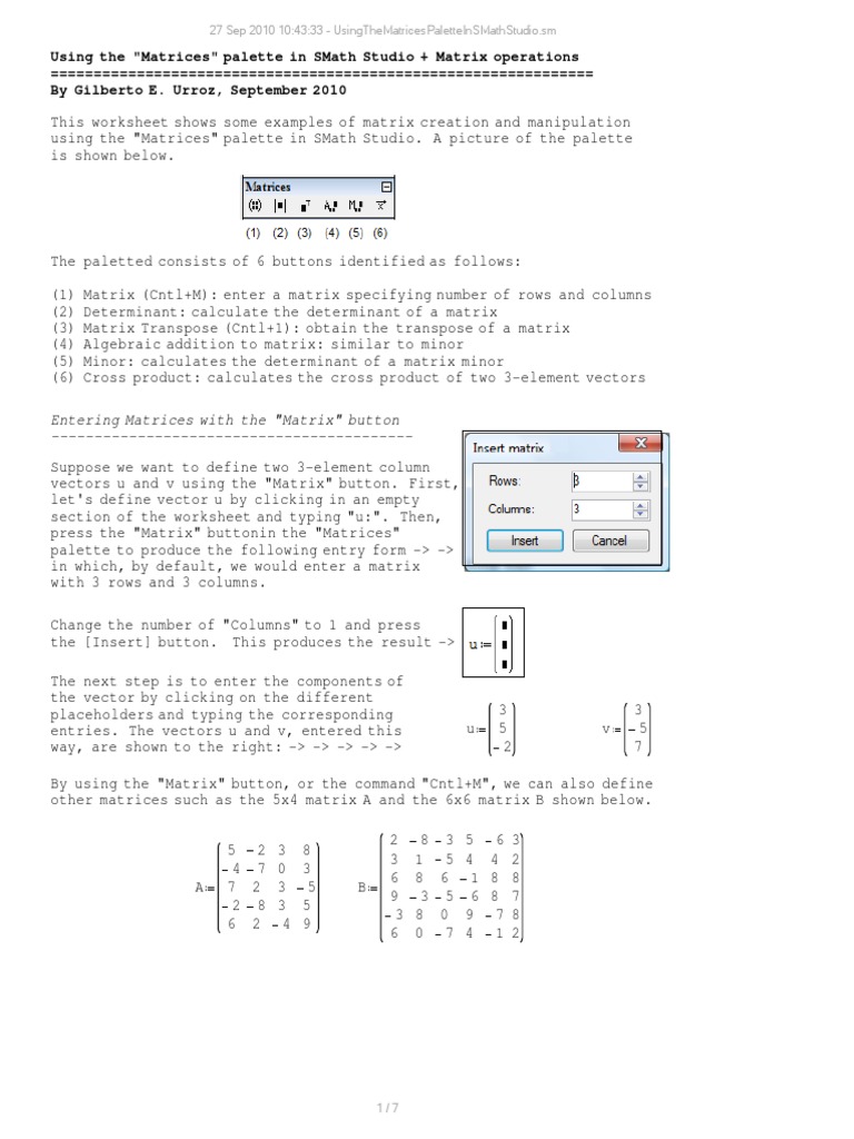 Using The Matrices Palette in S Math Studio | Download Free PDF | Determinant | Matrix (Mathematics)