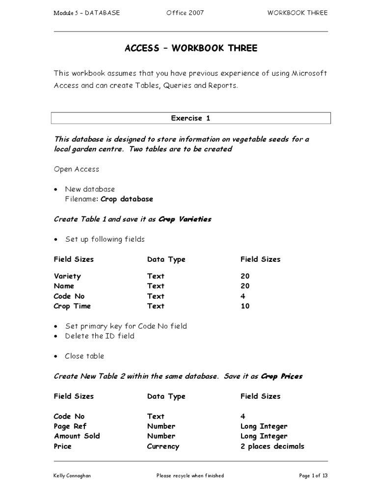 Access - Workbook Three: Exercise 1 | PDF | Table (Database) | Databases