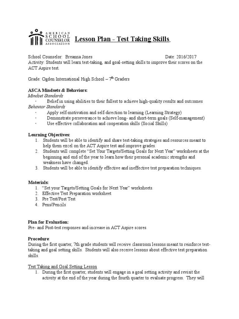 Lesson Plan Test Taking | PDF | Goal Setting | Standardized Tests