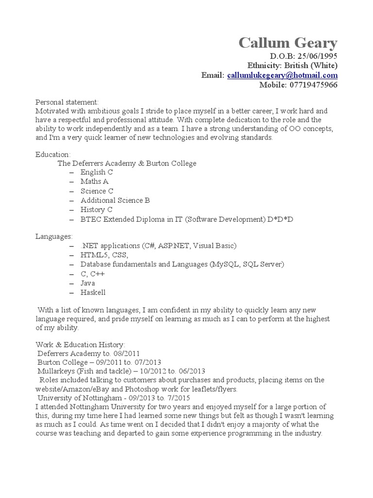 Callum Geary CV | PDF | Computing | Software Engineering