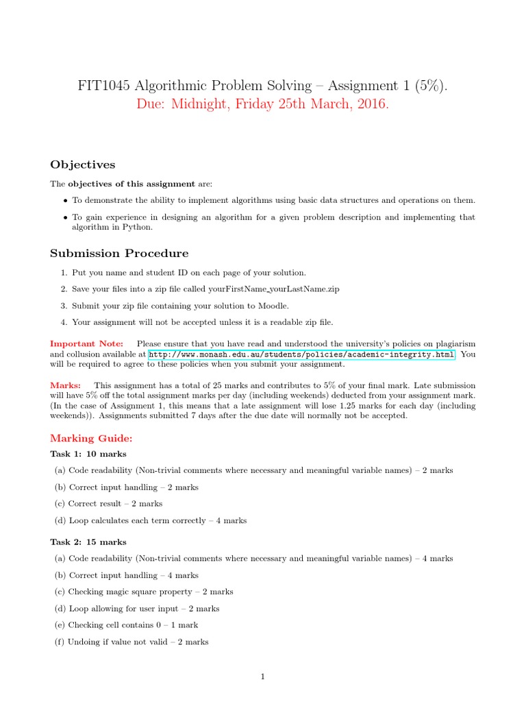 FIT1045 Algorithmic Problem Solving - Assignment 1 (5%) .: Due: Midnight, Friday 25th March ...