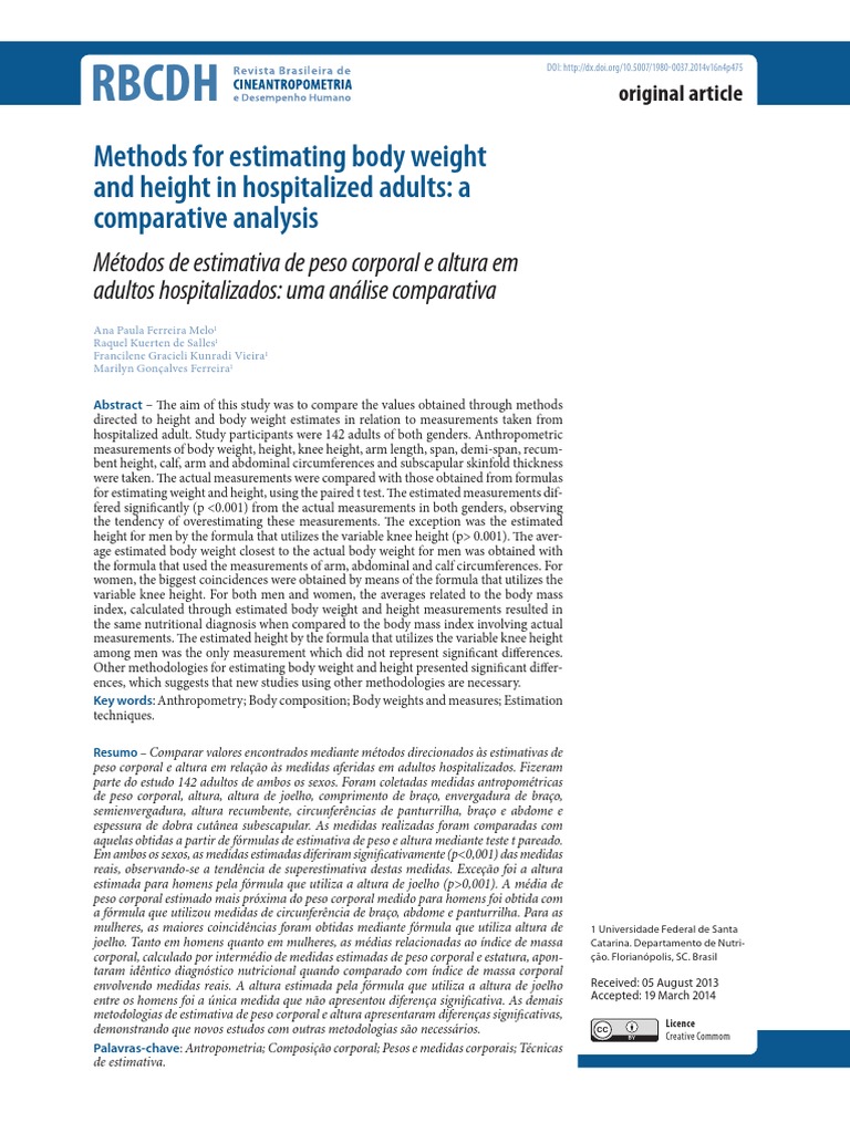 RBCDH: Methods For Estimating Body Weight and Height in Hospitalized ...