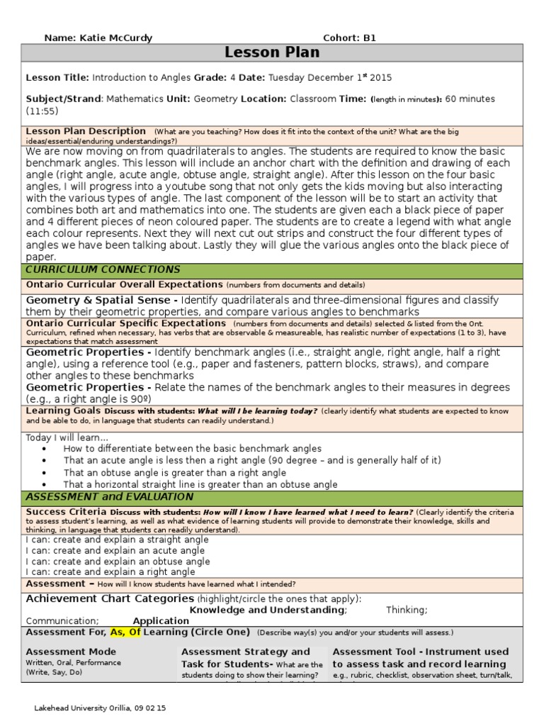 Introduction to Angles Lesson Plan | PDF | Educational Assessment | Angle