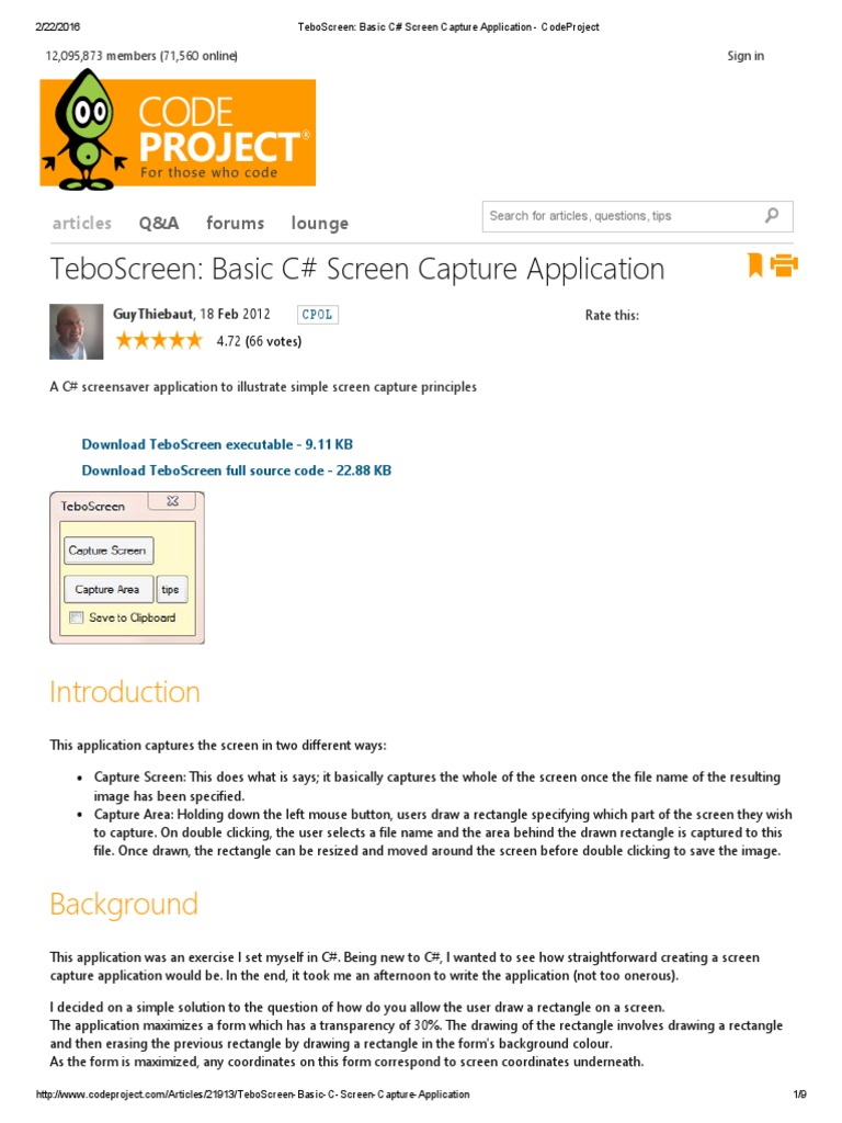 Teboscreen Basic C Screen Capture Application Codeproject Pdf Application Software