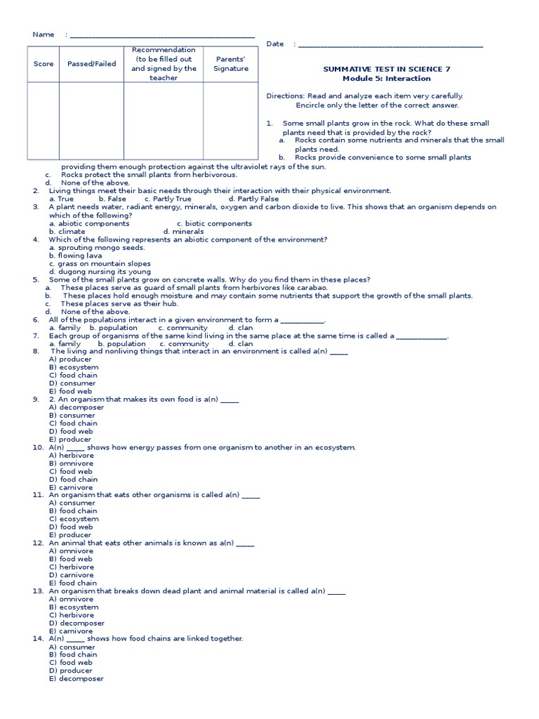 Grade 7 Ecosystem Test Questions | PDF | Food Web | Ecosystem