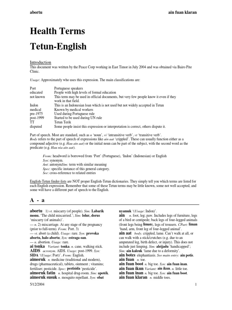 Health Terms in Tetun and English | PDF | Part Of Speech | Medical ...