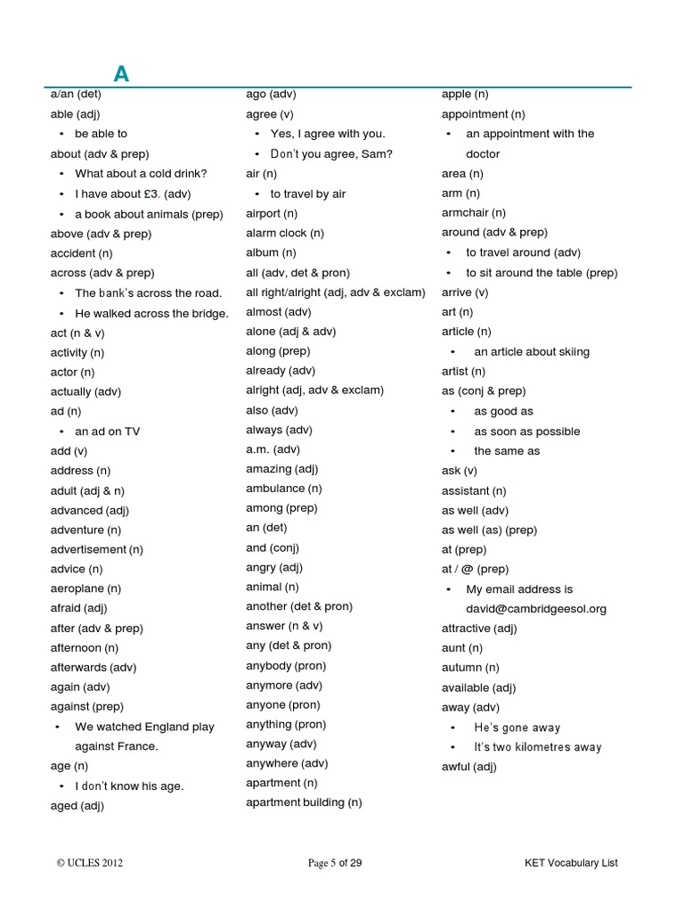 A2 Ket Vocabulary List | PDF | Foods | Clothing