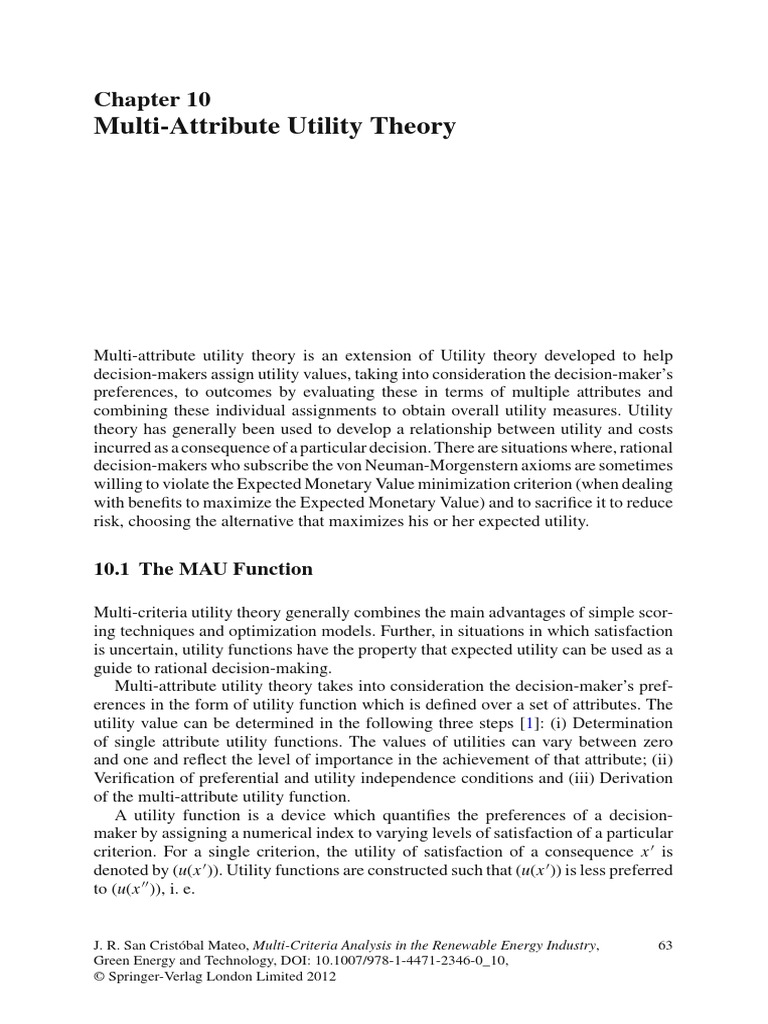 Chapter 10 - Multi-Attribute Utility Theory | Utility | Mathematics