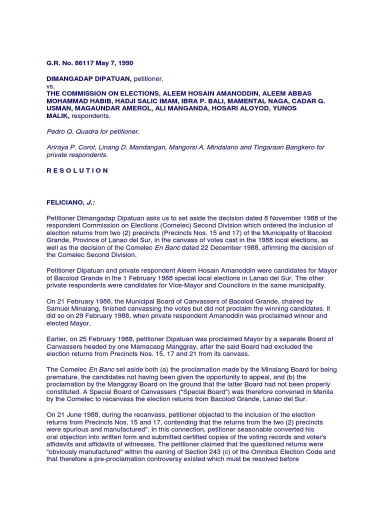 Pedro Q. Quadra For Petitioner. Ariraya P. Corot, Linang D. Mandangan, Mangorsi A. Mindalano and ...