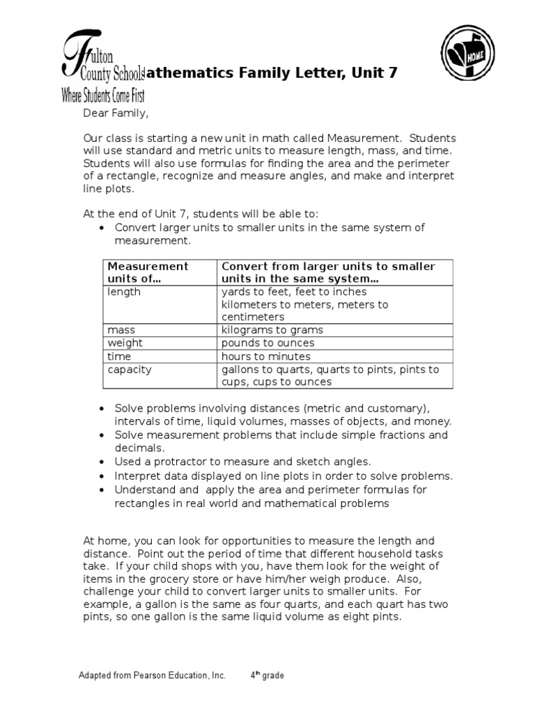 Unit 7: Measurement Family Letter | PDF | Units Of Measurement ...