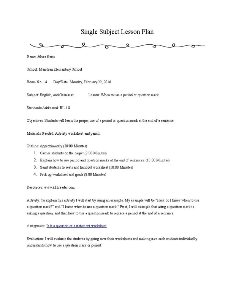 Single Subject Lesson Plan: Is It A Question or A Statement Worksheet | PDF
