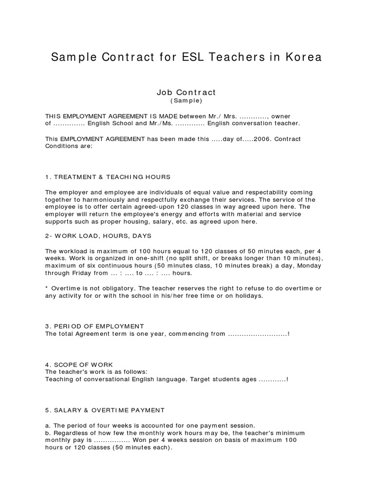 ESL Teacher Contract Sample for Korea | PDF | Overtime | Employment
