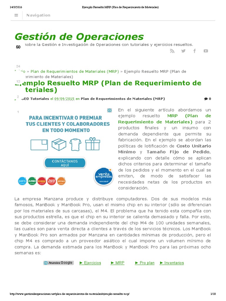 Ejemplo Resuelto MRP (Plan de Requerimiento de Materiales) | PDF | Inventario | Procesos de negocio