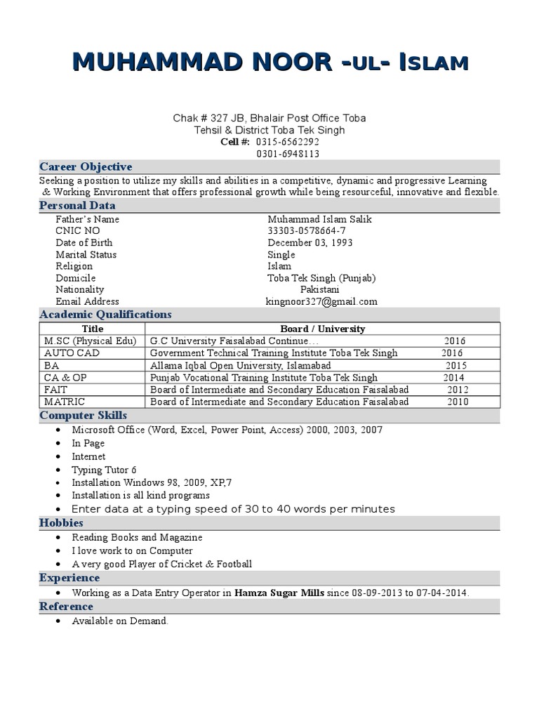 Muhammad Noor's Professional Resume | PDF