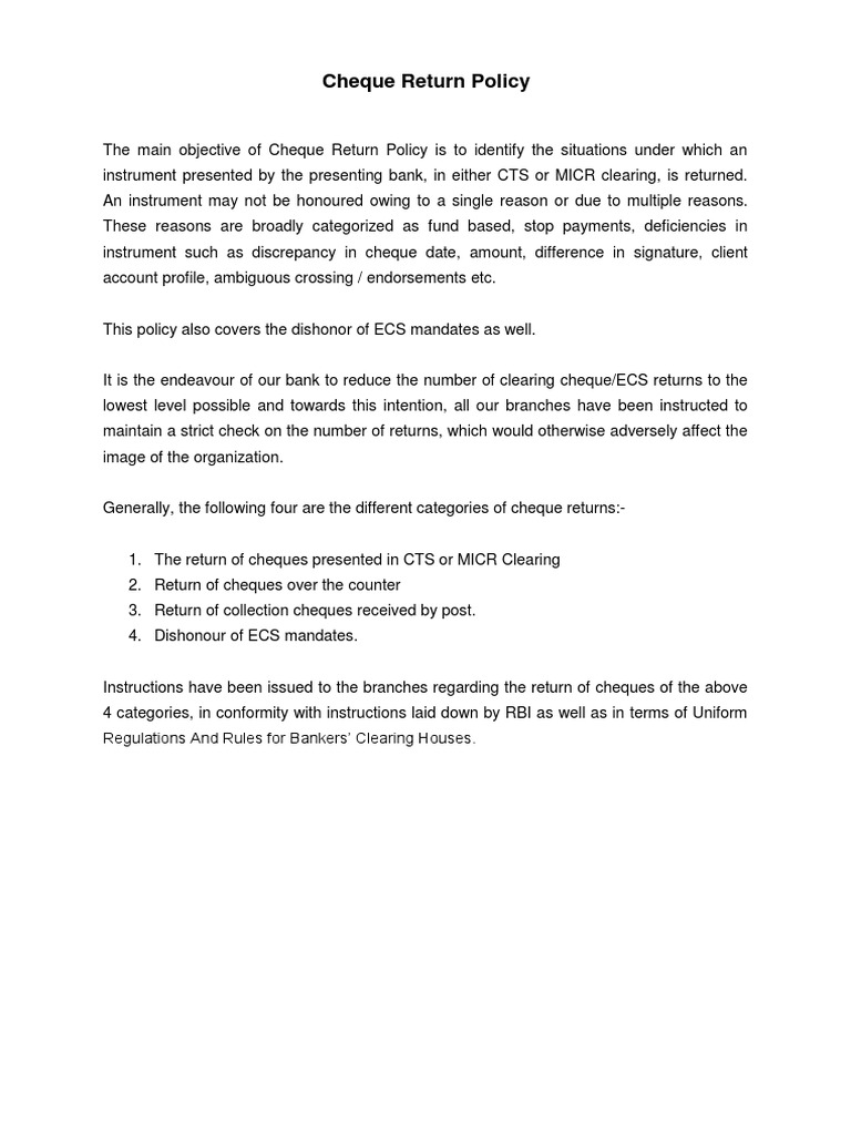 Cheque Return Policy | Cheque | Money