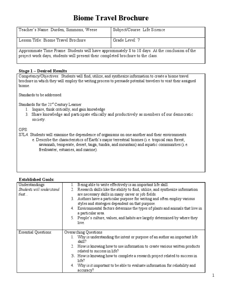 Biome Travel Brochure Project Guide | PDF | Rubric (Academic) | Teachers