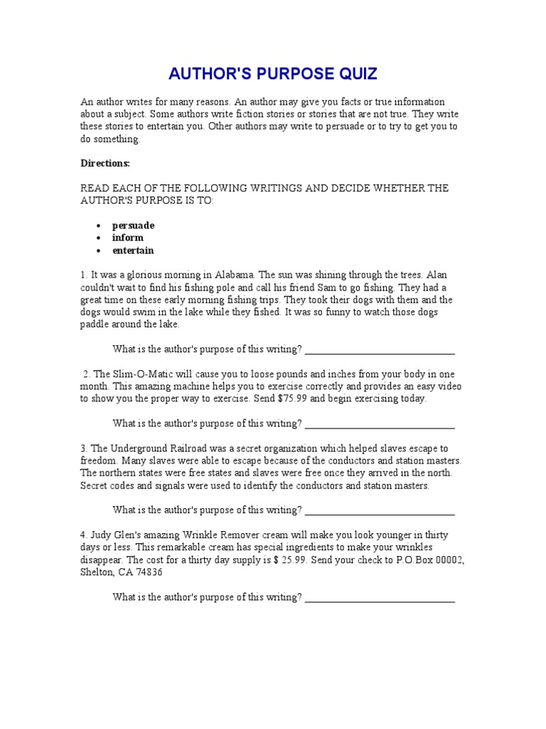 Author's Purpose Quiz for Students | PDF | Little House On The Prairie