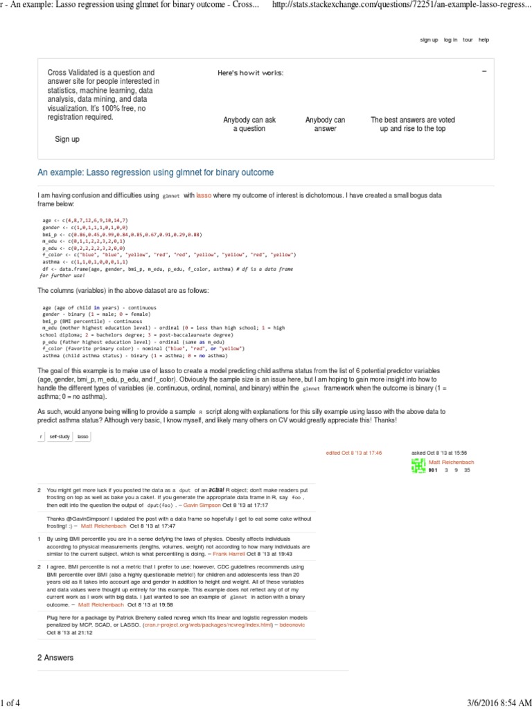 Lasso Regression Using Glmnet For Binary Outcome - Cross Validated PDF | PDF | Body Mass Index ...