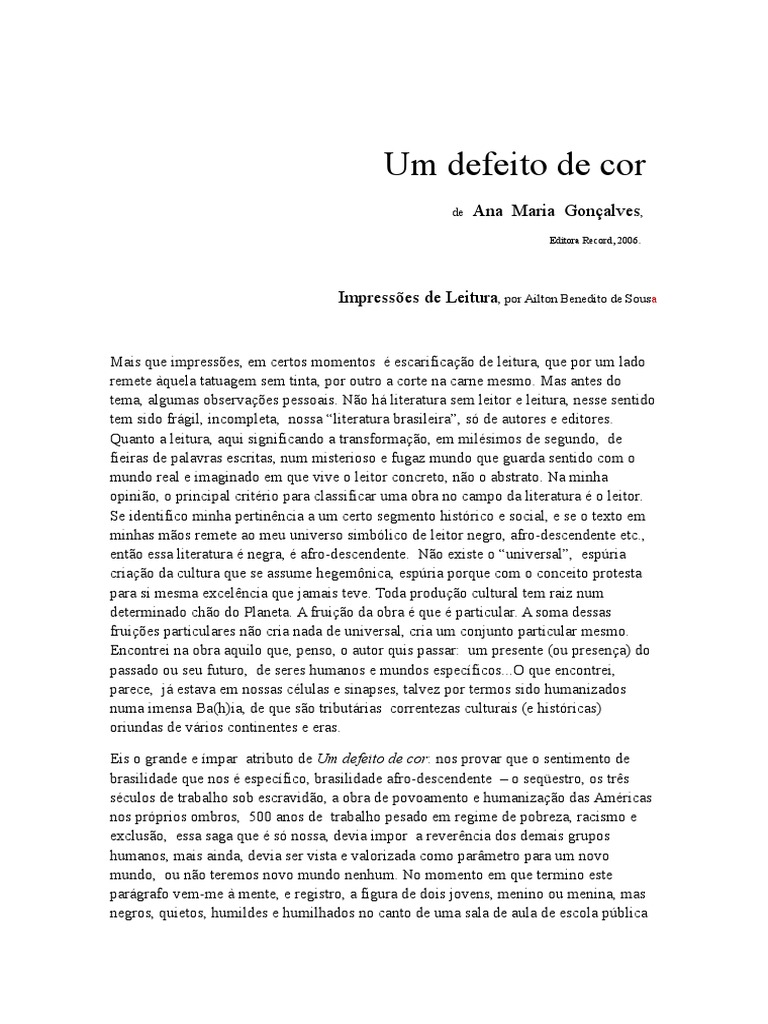 Um Defeito de Cor, de Ana Maria Gonçalves | PDF | Escravidão | África