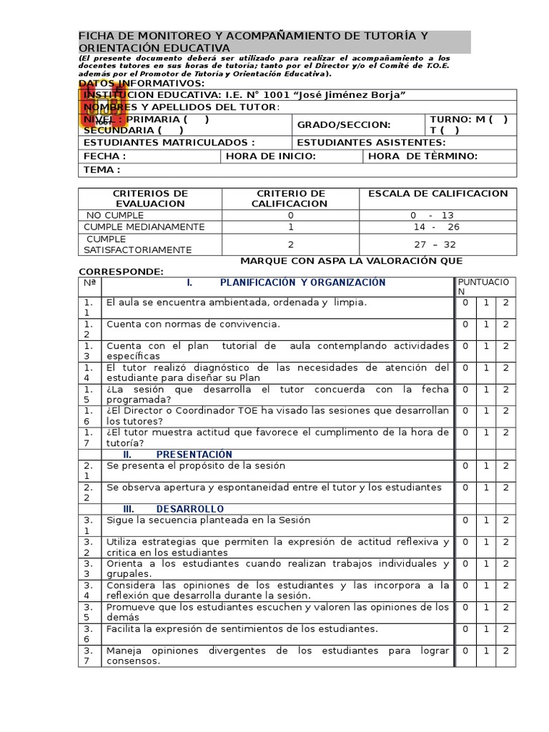 Ficha de Monitoreo y Acompañamiento de Tutoría y Orientación Educativa ...