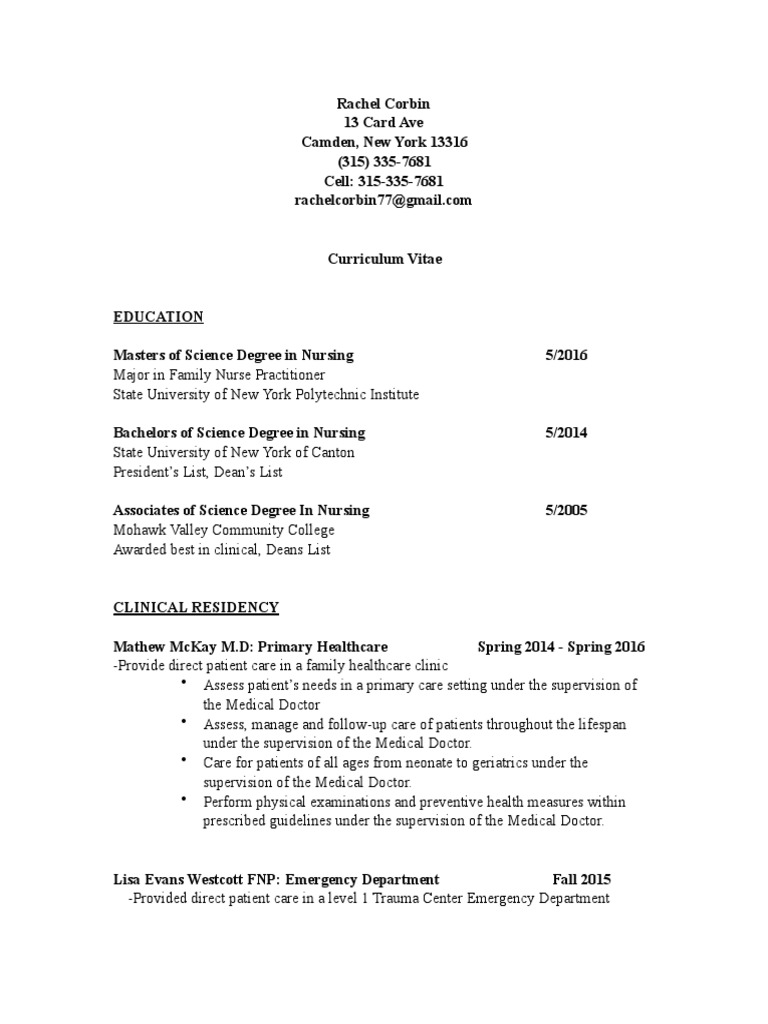 Rachel Corbin Nursing CV and Experience | PDF | Nurse Practitioner ...