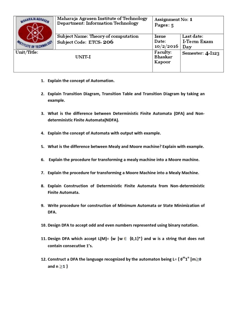Analysis Of Theory Of Computation Assignment Questions On Finite Automata Concepts Including Dfa 5410