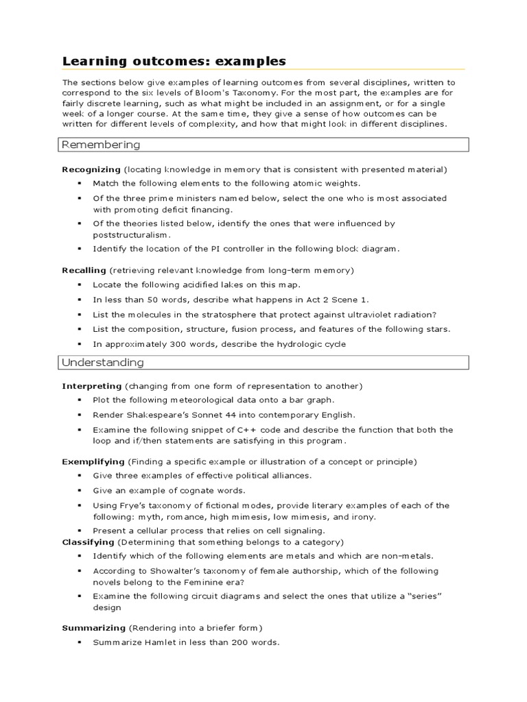 Learning Outcomes: Examples: Remembering | PDF | Hypothesis | Memory