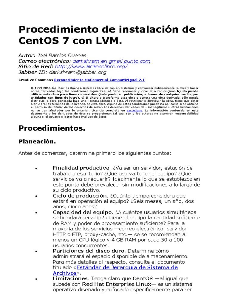 Alcance Libre - Procedimiento de Instalación de CentOS 7 Con LVM | PDF ... Alcance Libre - Procedimiento de Instalación de CentOS 7 Con LVM | PDF ...